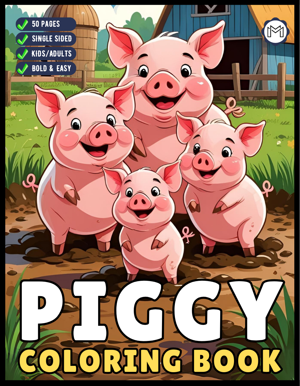 50 Pages Single Sided Cute Pig Coloring Book Gift for Adults Men Women ...